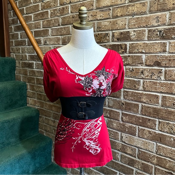 Tops | Vtg Y2k Red Corset Style Waist Belt Alt Cyber Punk Cross Wings ...